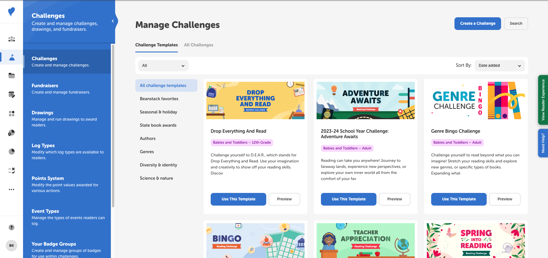 Set up a challenge using our pre-created challenge templates ...
