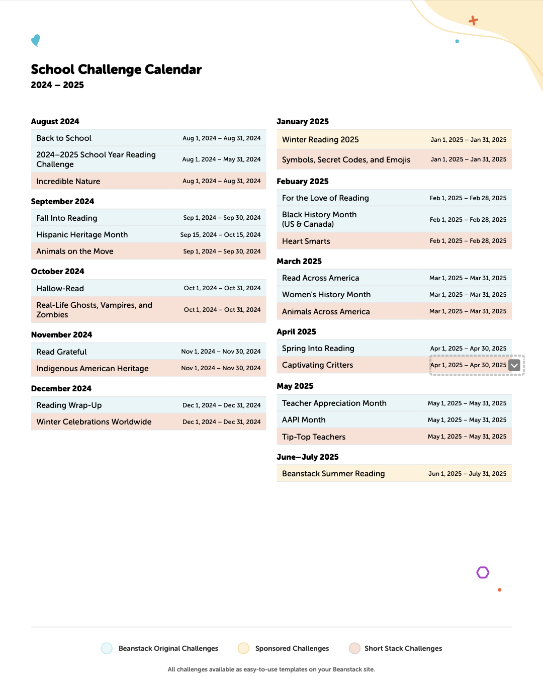 2024–2025 School Challenge Template Calendar – Beanstack Help Center